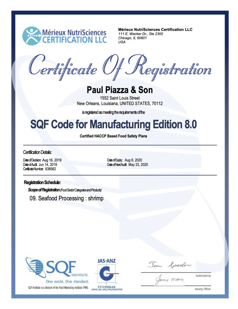 Paul Piazza Receives Highest SQF Certification Score Possible at Both ...